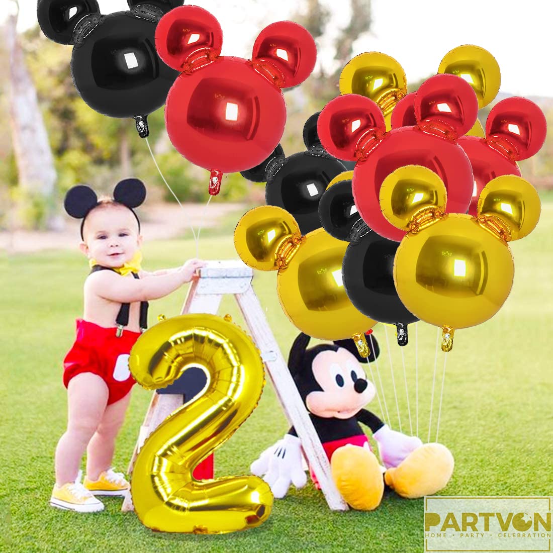 12 Pieces Mickey Party Balloons, 24” Red Black Gold Mouse Foil Balloons for Gender Reveal Baby Shower Wedding Kids Theme Birthday Party Decoration Supplies