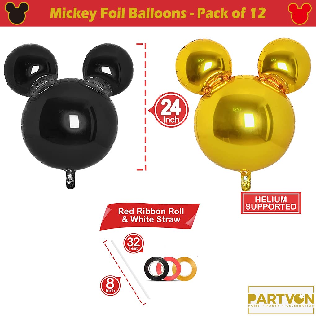 12 Pieces Mickey Party Balloons, 24” Red Black Gold Mouse Foil Balloons for Gender Reveal Baby Shower Wedding Kids Theme Birthday Party Decoration Supplies