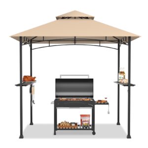 tangkula 8x5 ft grill gazebo, double tiered outdoor bbq gazebo with 2 side shelves, 5 hooks, bottle opener, barbecue grill gazebo shelter for patio, garden, beach, backyard (khaki)