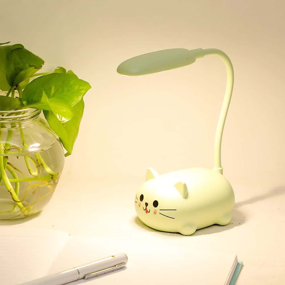 Cute Kawaii Desk Lamp with USB Charging Port for Teen Girls Bedroom Room Cartoon Cat Foldable Table Lamp Rechargeable LED Light for Studying Reading Protect Eyesight School Supplies (Green Cat)