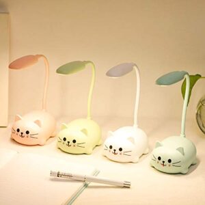 Cute Kawaii Desk Lamp with USB Charging Port for Teen Girls Bedroom Room Cartoon Cat Foldable Table Lamp Rechargeable LED Light for Studying Reading Protect Eyesight School Supplies (Green Cat)