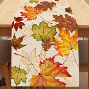 seliem fall maple leaves table runner, thanksgiving watercolor plant yellow leafs home kitchen decor, autumn harvest seasonal colorful botanical farmhouse burlap dining decoration party supply 13 x 72