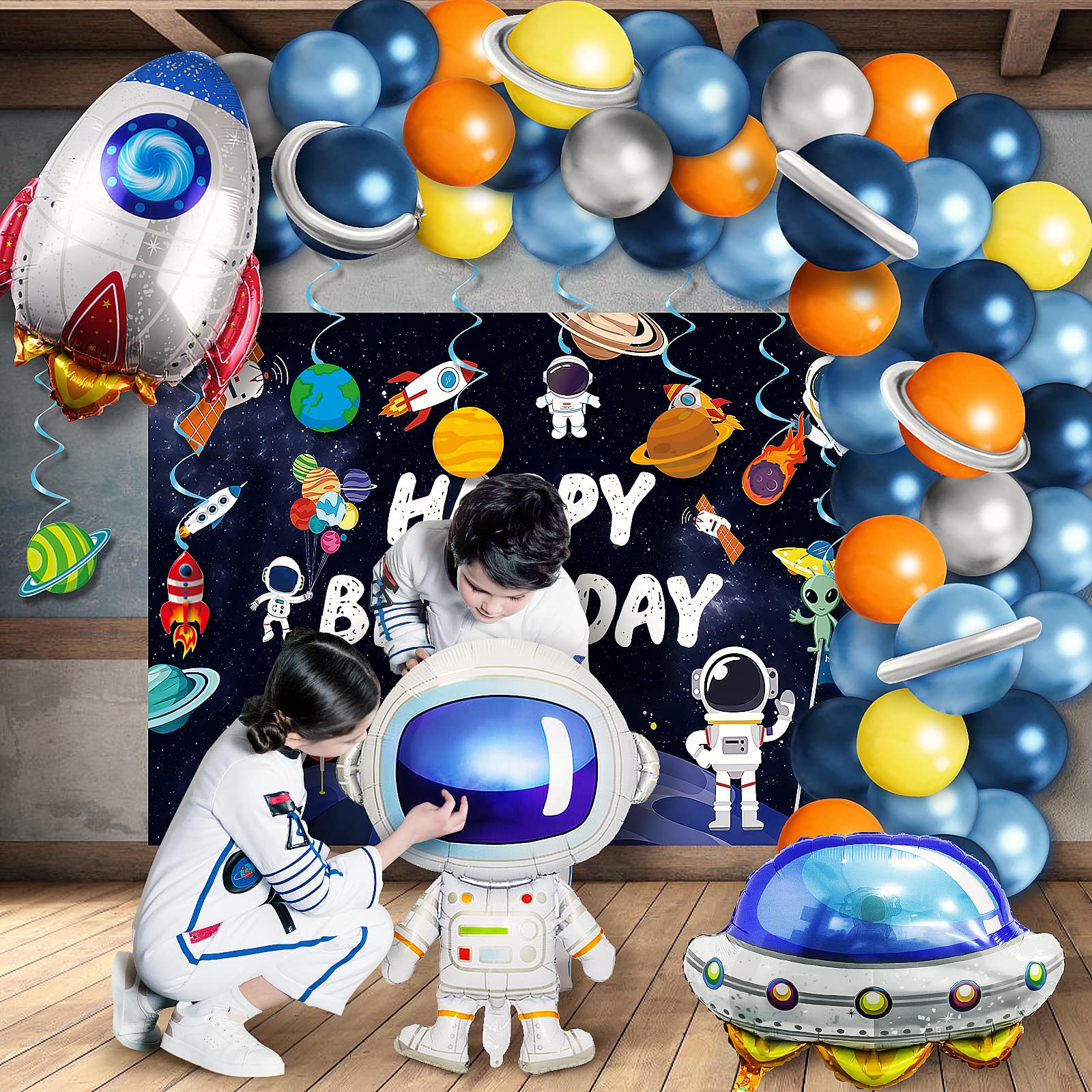 Outer Space Birthday Decorations, Space Themed Party Supplies, Include Solar System Balloon Arch Kit, Inflatable Rocket Astronaut Spaceship Balloons, Galaxy Tablecloth, Planet Swirl, Backdrop