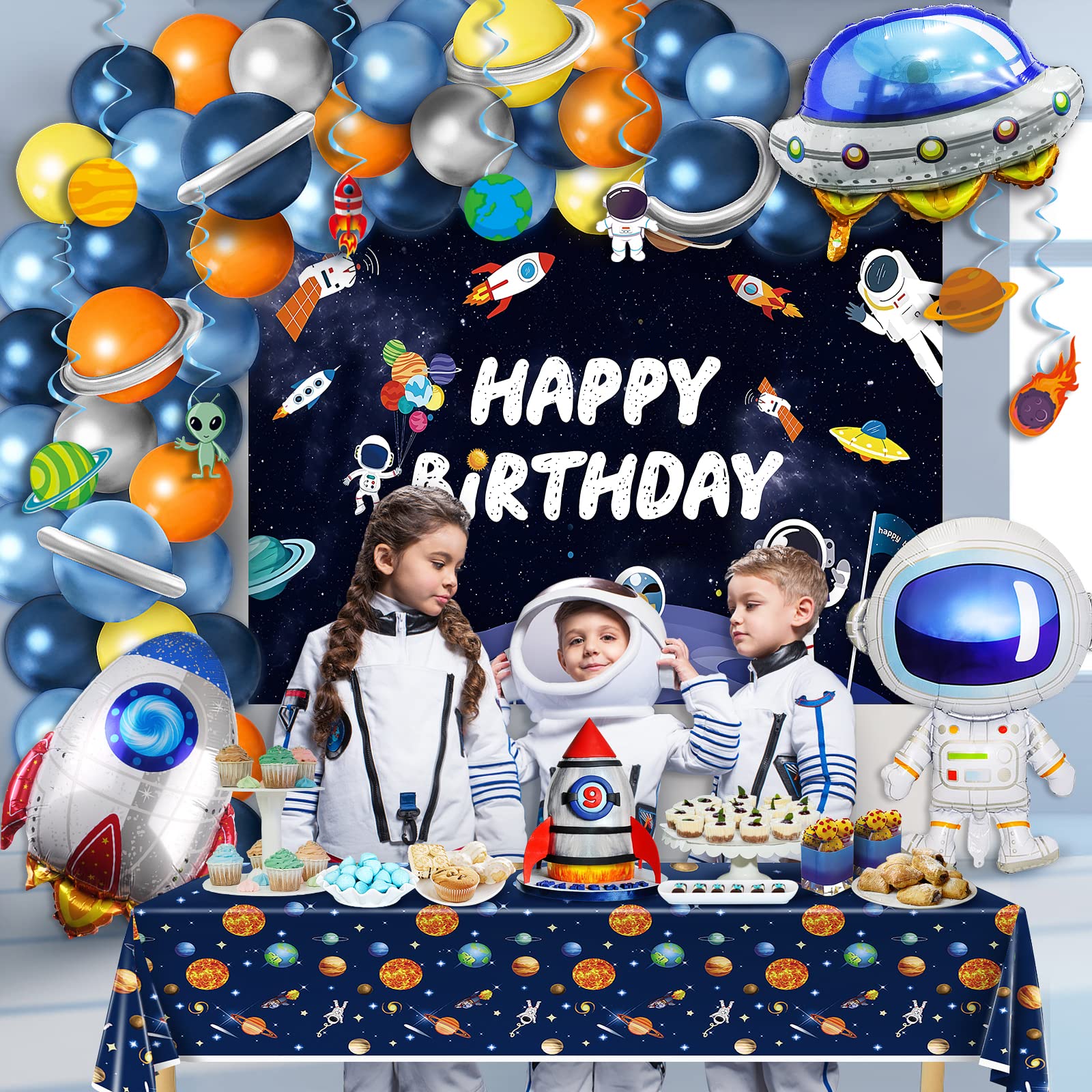 Outer Space Birthday Decorations, Space Themed Party Supplies, Include Solar System Balloon Arch Kit, Inflatable Rocket Astronaut Spaceship Balloons, Galaxy Tablecloth, Planet Swirl, Backdrop