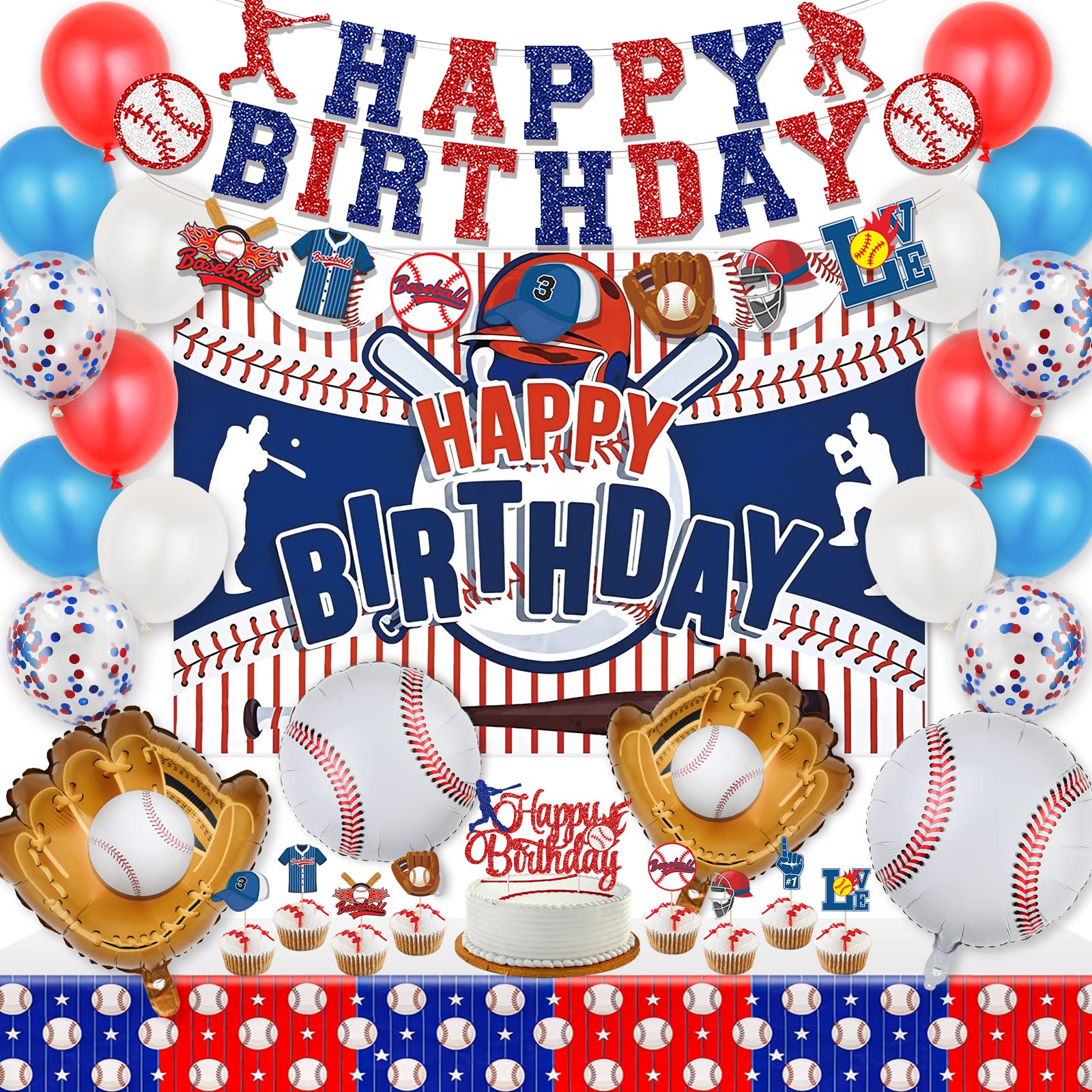 Baseball Party Decorations, Baseball Birthday Party Supplies Kit, Include Sport Themed Birthday Backdrop, Happy Birthday Banners, Tabelcloth, Baseball Balloons, Cake&Cupcake Toppers