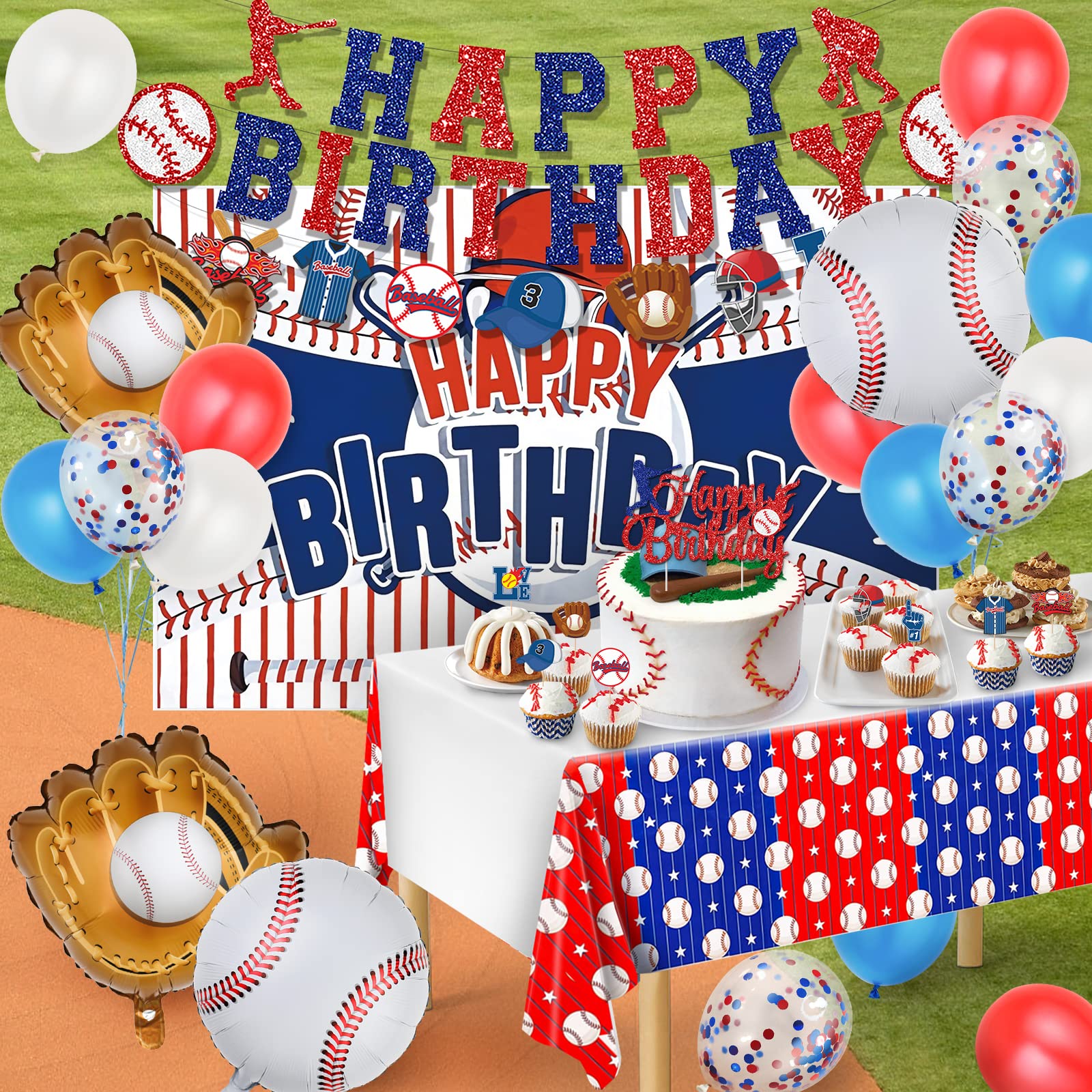 Baseball Party Decorations, Baseball Birthday Party Supplies Kit, Include Sport Themed Birthday Backdrop, Happy Birthday Banners, Tabelcloth, Baseball Balloons, Cake&Cupcake Toppers