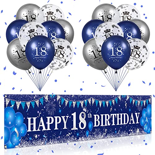 Blue 18th Birthday Decorations for Boys Girls, Navy Blue Silver Happy 18th Birthday Banner and 18th Birthday Balloons for 18th Birthday Anniversary Party Supplies, Eighteen Year Old Party Decorations