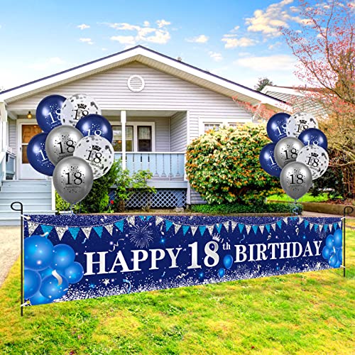 Blue 18th Birthday Decorations for Boys Girls, Navy Blue Silver Happy 18th Birthday Banner and 18th Birthday Balloons for 18th Birthday Anniversary Party Supplies, Eighteen Year Old Party Decorations