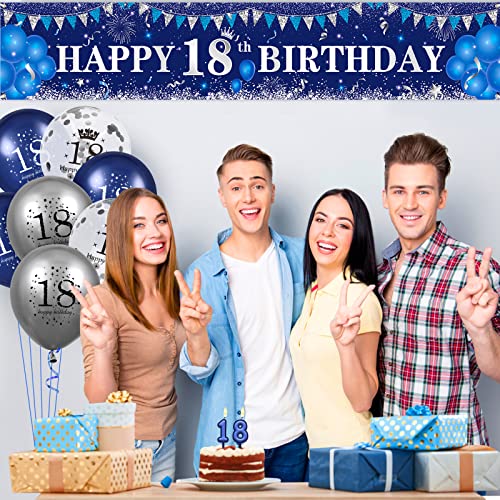 Blue 18th Birthday Decorations for Boys Girls, Navy Blue Silver Happy 18th Birthday Banner and 18th Birthday Balloons for 18th Birthday Anniversary Party Supplies, Eighteen Year Old Party Decorations