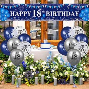 Blue 18th Birthday Decorations for Boys Girls, Navy Blue Silver Happy 18th Birthday Banner and 18th Birthday Balloons for 18th Birthday Anniversary Party Supplies, Eighteen Year Old Party Decorations