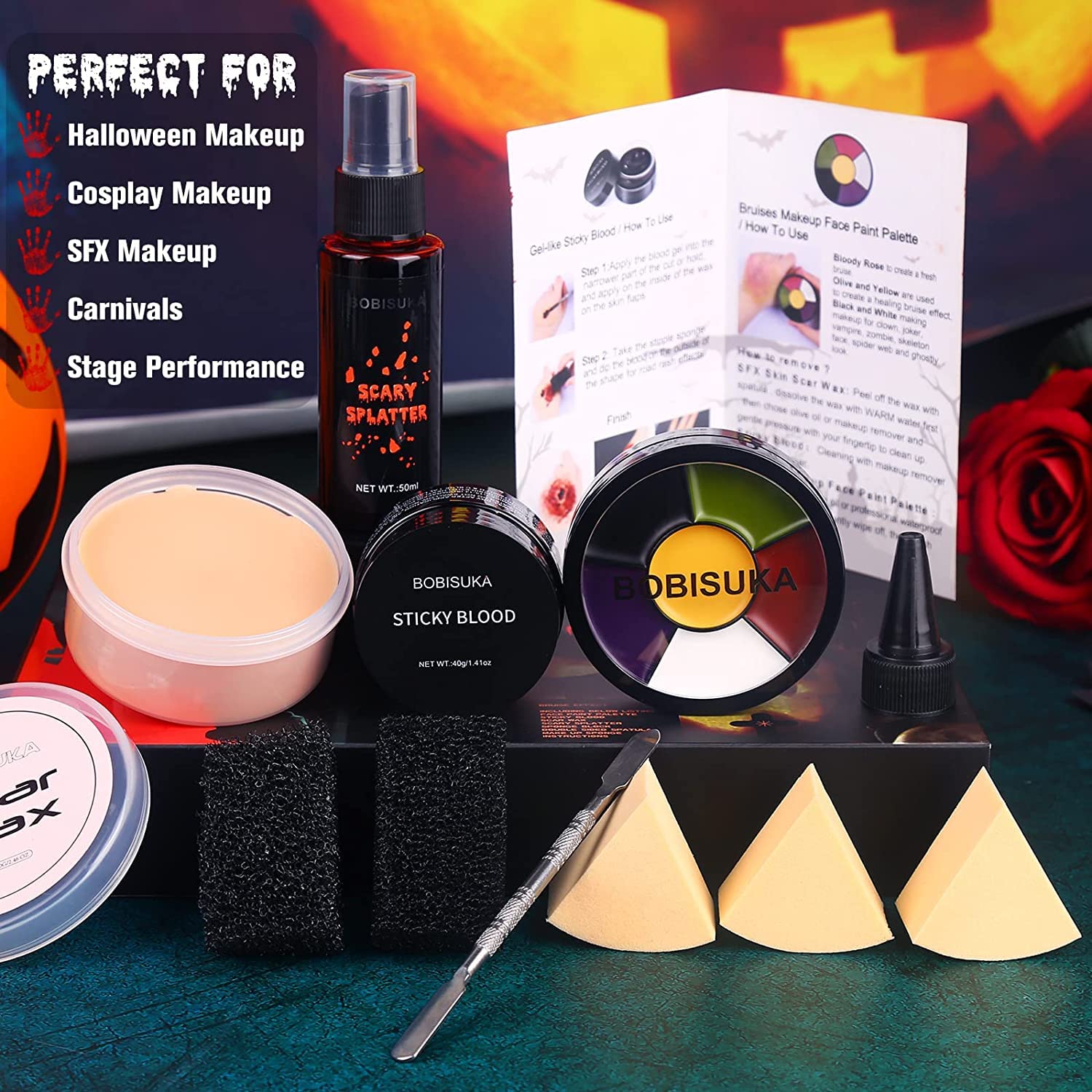 BOBISUKA Demonic Special Effects SFX Halloween Makeup Kit - 5 Colors Bruise Makeup Face Body Painting Palette + Scar Wax with Spatula Tool + Fake Blood Splatter Spray + Fake Blood Cream +Stipple Spong