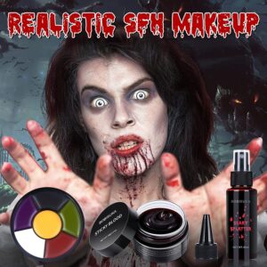 BOBISUKA Demonic Special Effects SFX Halloween Makeup Kit - 5 Colors Bruise Makeup Face Body Painting Palette + Scar Wax with Spatula Tool + Fake Blood Splatter Spray + Fake Blood Cream +Stipple Spong