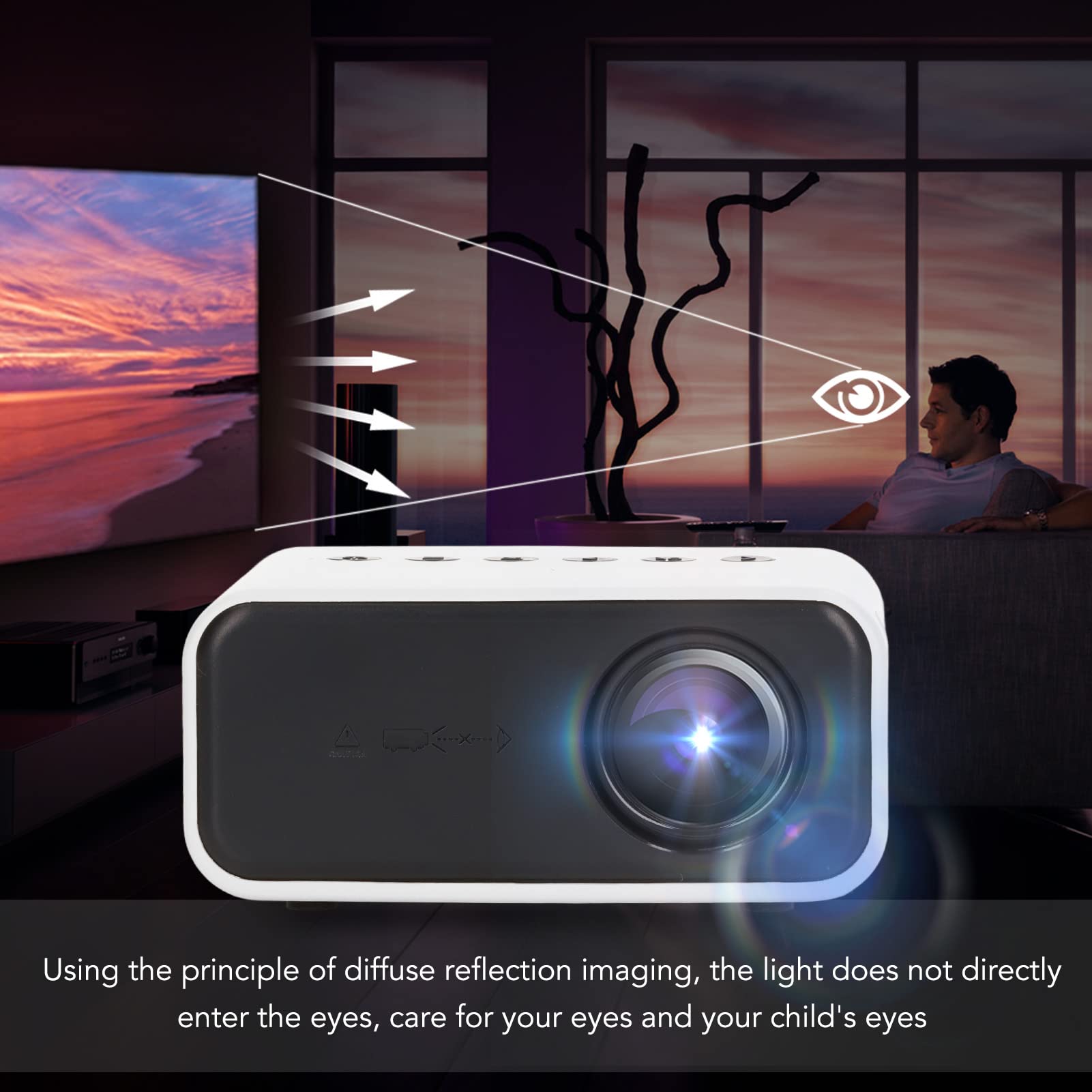 Mini Projector, Portable Multimedia Home Theater Movie Projector Micro Mobile Phone Same Screen 1080P Full HD Projector for Laptop TV Phone Tablet(White US Plug)