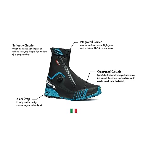 SCARPA Ribelle Run Kalibra G Water-Resistant Trail Shoes with Gaiter for Trail Running and Hiking - Black/Azure - 9-9.5 Women/8-8.5 Men