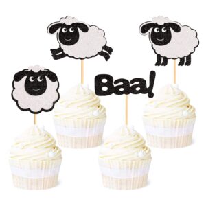 ercadio 24 pack sheep cupcake toppers black glitter farm animals cupcake picks sheep baa cupcake decors sheep theme baby shower birthday party supplies