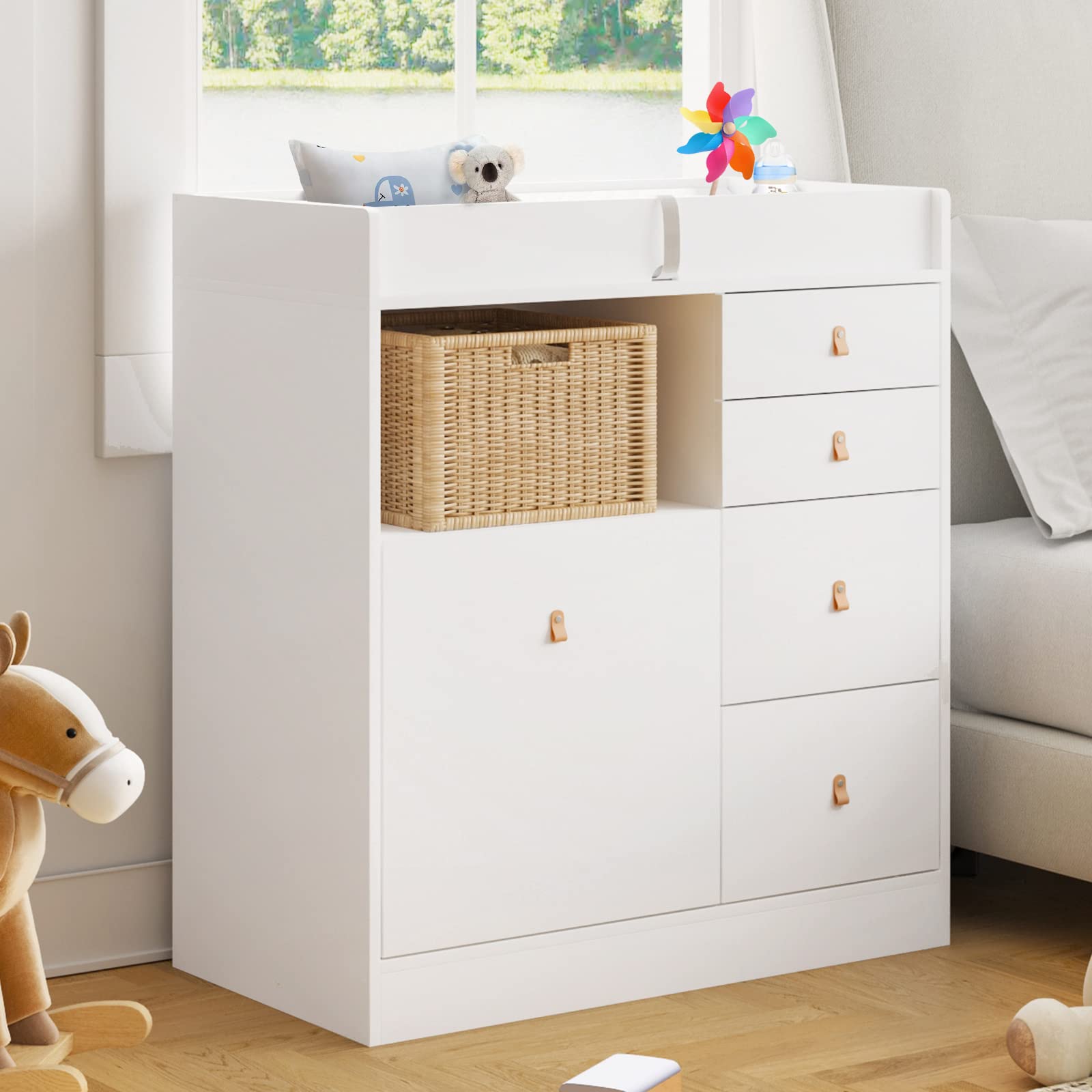 DAWNSPACES Baby Changing Table Dresser with 5 Drawers & Shelf, 2 in 1 Nursery Dresser Chest for Infants w/Changing Station, 33.5" Storage Changing Station Dresser, White