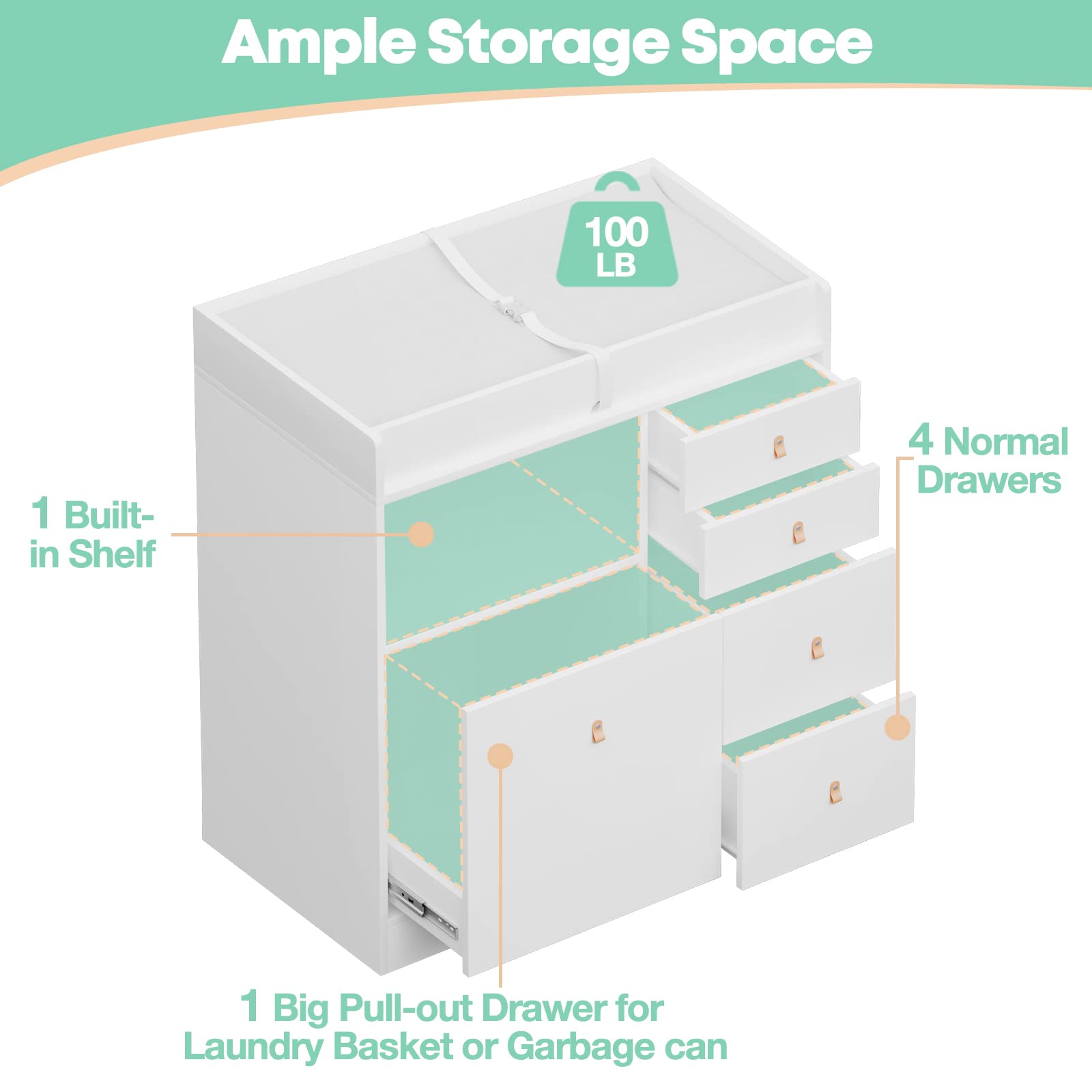 DAWNSPACES Baby Changing Table Dresser with 5 Drawers & Shelf, 2 in 1 Nursery Dresser Chest for Infants w/Changing Station, 33.5" Storage Changing Station Dresser, White