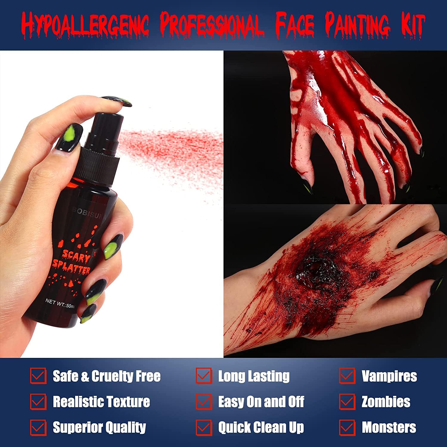 BOBISUKA 3PCS Halloween Fake Blood Makeup Kit - Coagulated Blood 1.41oz + Fake Blood Spray 1.76oz + Dripping Blood 1.76oz, Realistic Washable Special Effects SFX Makeup Set, for Zombie Vampire Monster