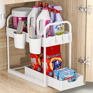 under sink organizer, 2 tier sliding bathroom organizer cabinet storage with hooks, hanging cups, handles, multi-purpose under sink shelf organizer for bathroom kitchen(1 pack)