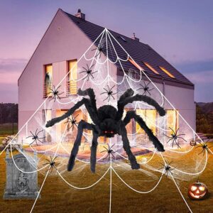 200" Halloween Giant Spider Web Decoration+59" Huge Spider+12 Mini Fake Spiders and Stretch Cobwebs, Fake Spiders with Triangular Spider Web for Indoor Outdoor Halloween Yard Home Haunted House Decor