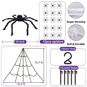 200" Halloween Giant Spider Web Decoration+59" Huge Spider+12 Mini Fake Spiders and Stretch Cobwebs, Fake Spiders with Triangular Spider Web for Indoor Outdoor Halloween Yard Home Haunted House Decor