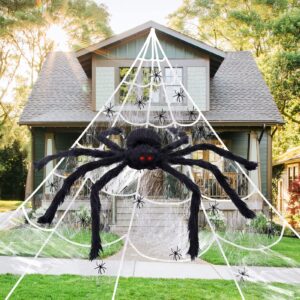 200" Halloween Giant Spider Web Decoration+59" Huge Spider+12 Mini Fake Spiders and Stretch Cobwebs, Fake Spiders with Triangular Spider Web for Indoor Outdoor Halloween Yard Home Haunted House Decor