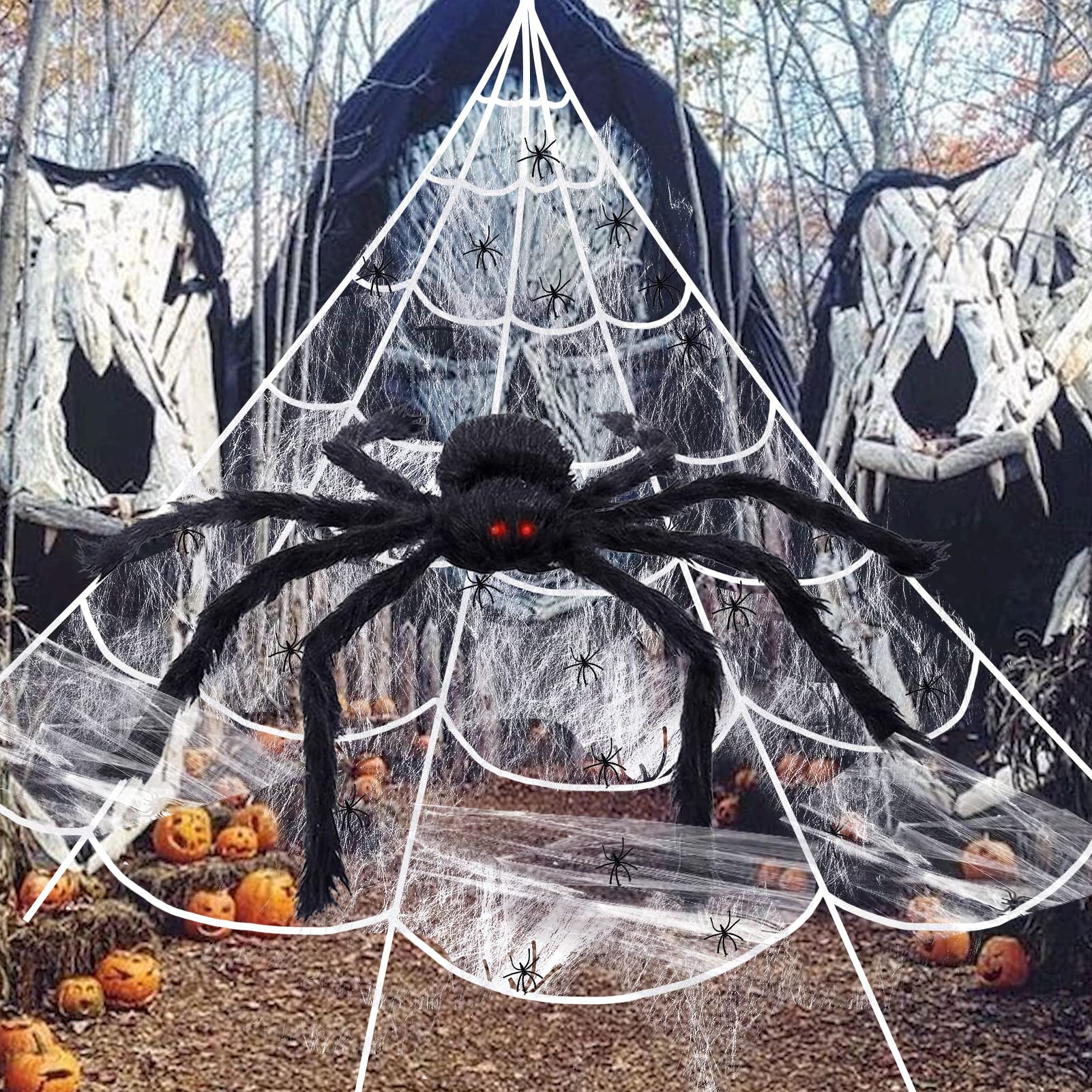 200" Halloween Giant Spider Web Decoration+59" Huge Spider+12 Mini Fake Spiders and Stretch Cobwebs, Fake Spiders with Triangular Spider Web for Indoor Outdoor Halloween Yard Home Haunted House Decor