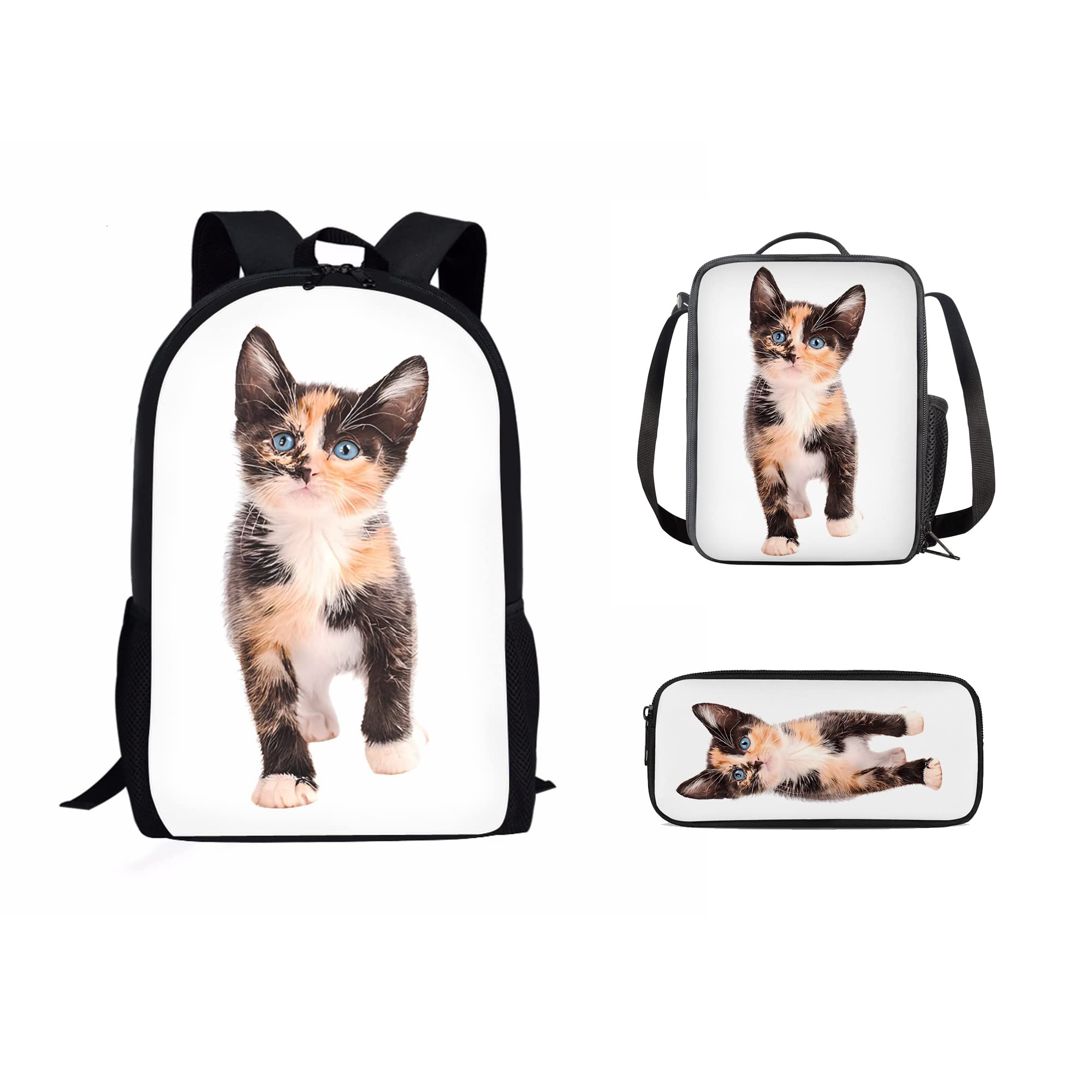 Beauty Collector Backpacks Set Calico Cat Print Cute Bookbags Lightweight with Lunchbag and Pencil Case