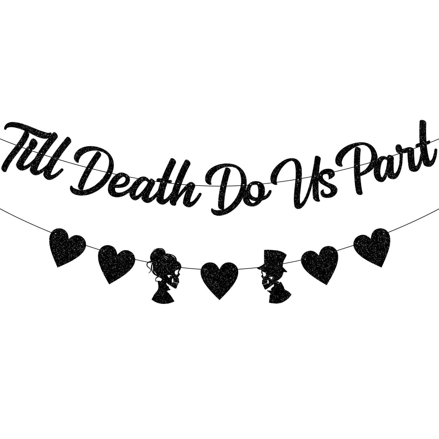 JKQ Black Glittery Till Death Do Us Part Banner with Heart Bride Groom Signs Halloween Bridal Shower Garland Banner Halloween Themed Wedding Bachelorette Engagement Party Fireplace Mantle Decorations