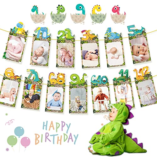 Dinosaur First Birthday Decorations, 1st Birthday Photo Banner for From Newborn to 12 Months Baby, Wild One Birthday Decorations, Monthly Milestone Photo Booth Props for Safari Dino Birthday Decor