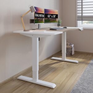 bilbil 63 x 30 Inch Dual Motor Electric Standing Desk, Height Adjustable Stand up Home Office Desk, Sit Stand Table with Splice Board, White Frame/Oak+White Top