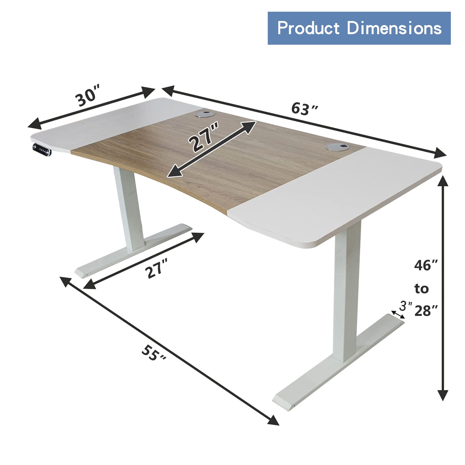 bilbil 63 x 30 Inch Dual Motor Electric Standing Desk, Height Adjustable Stand up Home Office Desk, Sit Stand Table with Splice Board, White Frame/Oak+White Top