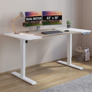 bilbil 63 x 30 Inch Dual Motor Electric Standing Desk, Height Adjustable Stand up Home Office Desk, Sit Stand Table with Splice Board, White Frame/Oak+White Top