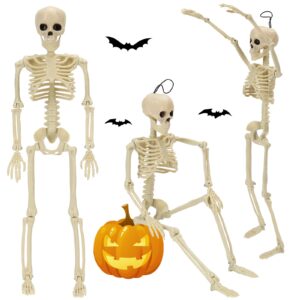 skeleton halloween decoration, 3 packs 16" posable halloween skeletons, full body posable joints skeletons for halloween hanging skeleton decoration, haunted house, graveyard decorations