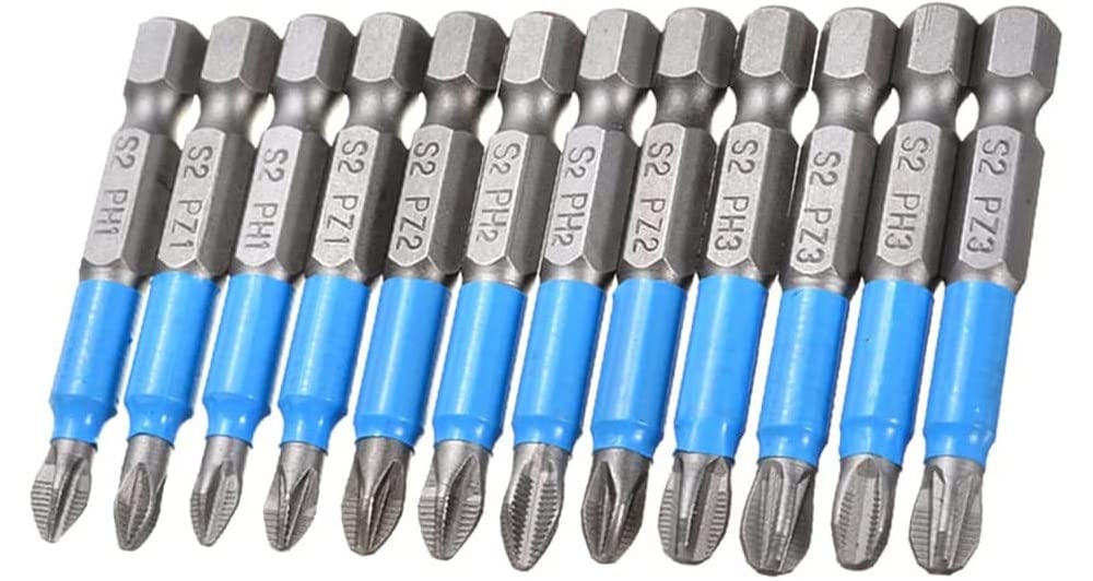 Fixinus 12 Pieces Magnetic Phillips & Pozidriv Screwdriver Bit Set, 1/4 Inch Hex Shank Anti Slip Drill Bits PH1, PH2, PH3, PZ1, PZ2, PZ3-50 mm Length