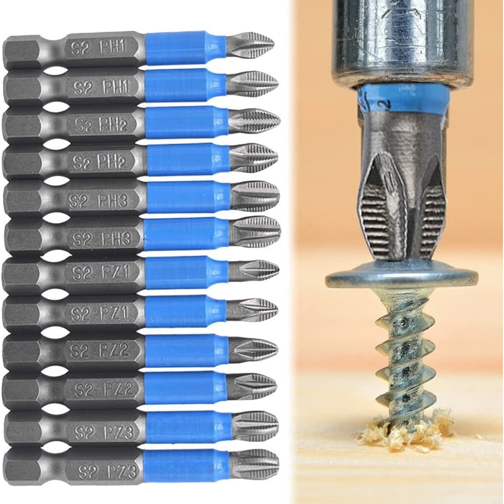 Fixinus 12 Pieces Magnetic Phillips & Pozidriv Screwdriver Bit Set, 1/4 Inch Hex Shank Anti Slip Drill Bits PH1, PH2, PH3, PZ1, PZ2, PZ3-50 mm Length