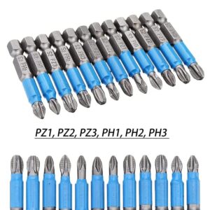 Fixinus 12 Pieces Magnetic Phillips & Pozidriv Screwdriver Bit Set, 1/4 Inch Hex Shank Anti Slip Drill Bits PH1, PH2, PH3, PZ1, PZ2, PZ3-50 mm Length