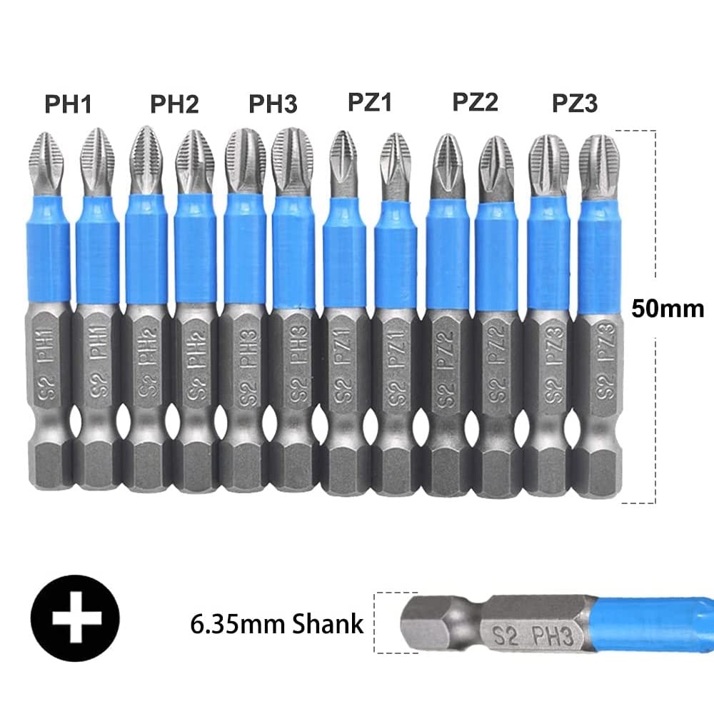 Fixinus 12 Pieces Magnetic Phillips & Pozidriv Screwdriver Bit Set, 1/4 Inch Hex Shank Anti Slip Drill Bits PH1, PH2, PH3, PZ1, PZ2, PZ3-50 mm Length