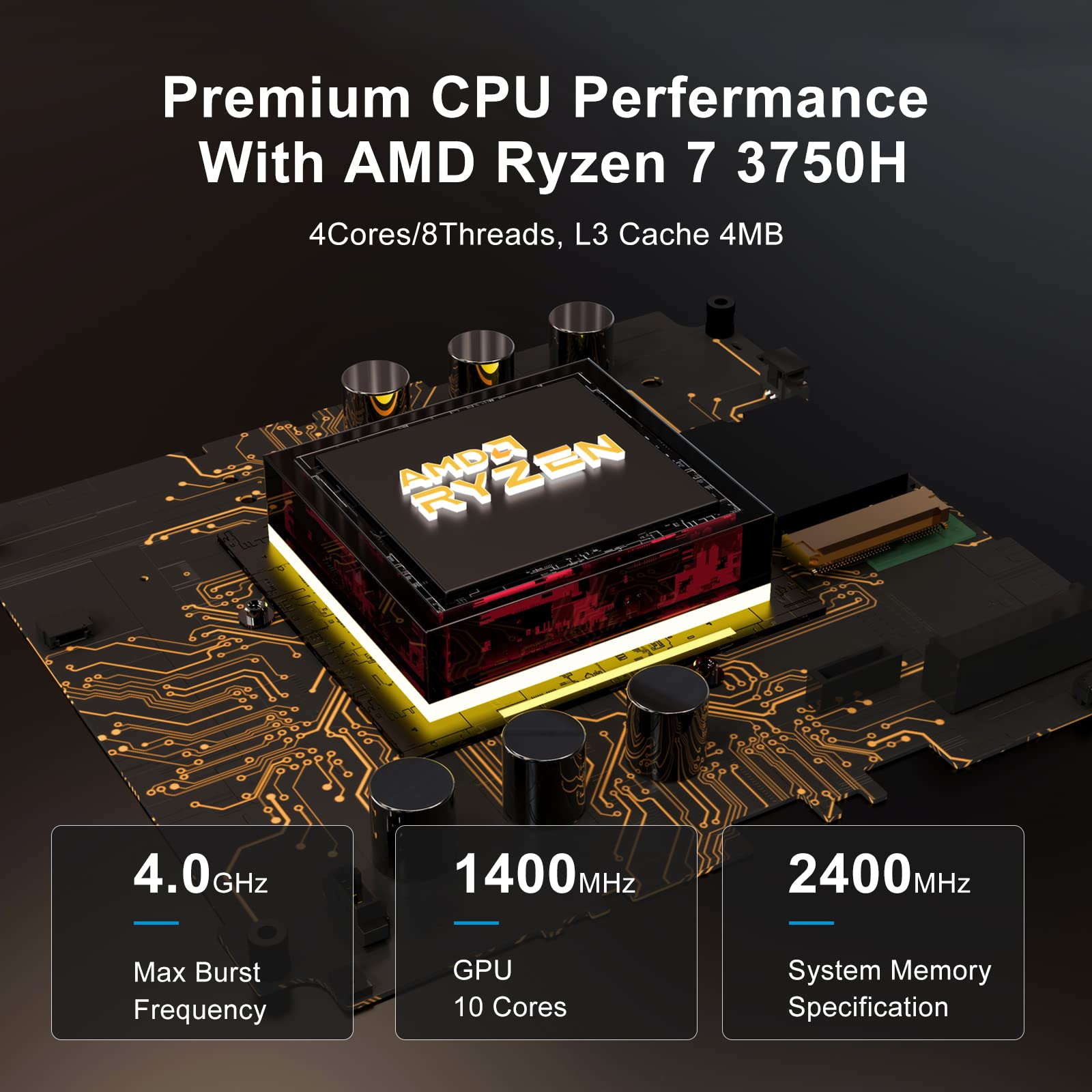 Wo-We Mini PC, AMD Ryzen 7 3750H, 4C/8T, up to 4.0GHz, 8GB DDR4 RAM, 256GB M.2 2280 NVME PCIE SSD,L3 Cache 4MB, Radeon RX Vega 10 Graphics Supports 4K@60Hz UHD Display,2* HDMI 2.0, WiFi 5, 3*USB 3.1