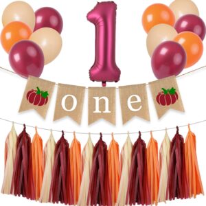 gankbite burgundy pumpkin fall 1st birthday party girl one cake smash burlap banner paper tassel balloon fall birthday decorations