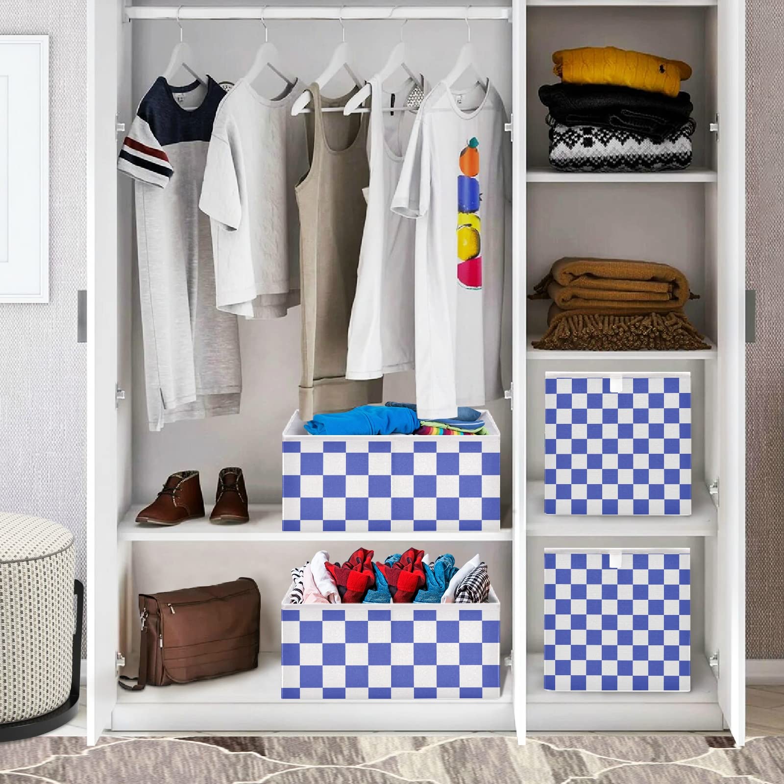 RunningBear Checkerboard Blue White Plaid Storage Basket Storage Bin Square Collapsible Storage Containers Towel Storage Organizer for Clothes Towels Magazine