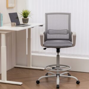 HOMEFLA Mid-Back Mesh Drafting Chair - Tall Office Chair with Armrest Standing Desk Chair Counter Height with Adjustable Foot Ring (Grey)