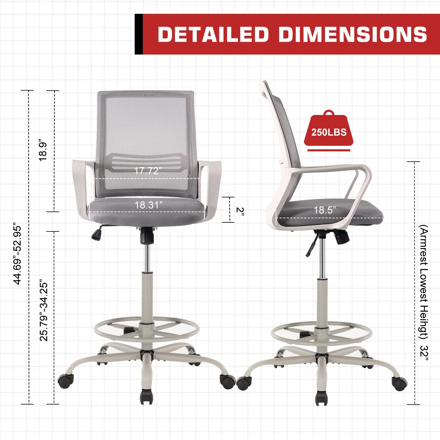 HOMEFLA Mid-Back Mesh Drafting Chair - Tall Office Chair with Armrest Standing Desk Chair Counter Height with Adjustable Foot Ring (Grey)