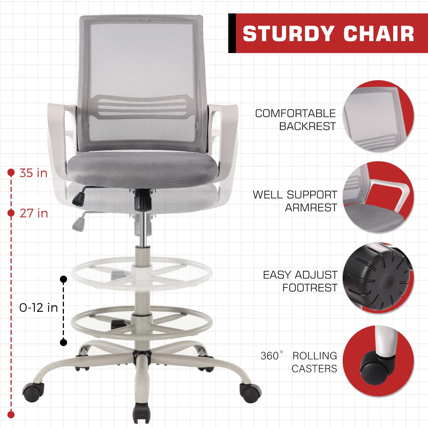 HOMEFLA Mid-Back Mesh Drafting Chair - Tall Office Chair with Armrest Standing Desk Chair Counter Height with Adjustable Foot Ring (Grey)