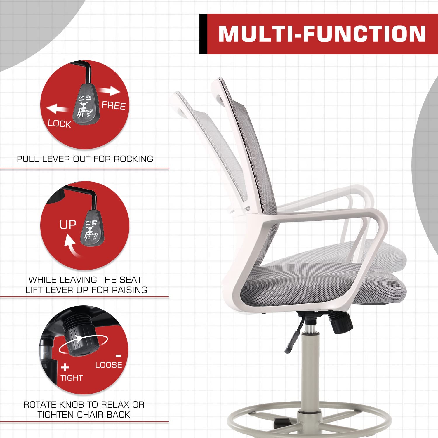 HOMEFLA Mid-Back Mesh Drafting Chair - Tall Office Chair with Armrest Standing Desk Chair Counter Height with Adjustable Foot Ring (Grey)