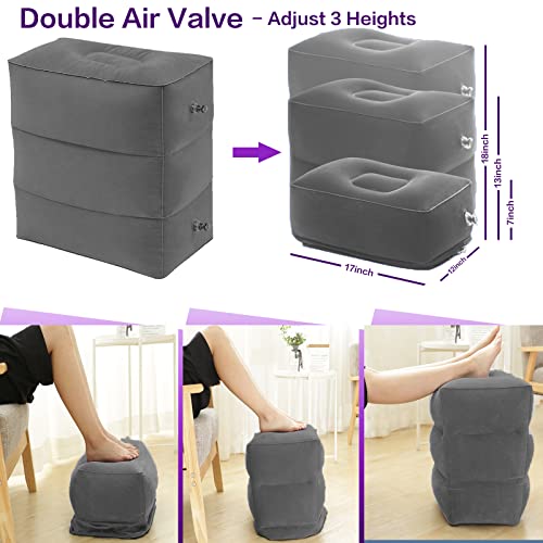 Inflatable Foot Rest Pillow, Kimiandy Airplane Footrest Adjustable Height,Leg Rest Airplane Pillow for Travel/Cars/Office/Hotel (Dark Grey)