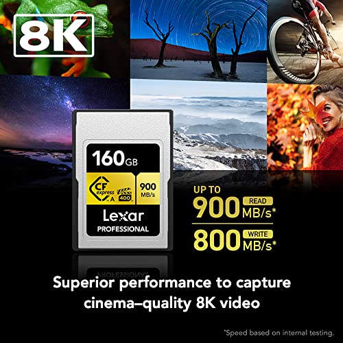 Lexar 160GB Professional CFexpress Type A Gold Series Memory Card, Up to 900MB/s Read, Cinema-Quality 8K Video, Rated VPG 400 (LCAGOLD160G-RNENG)