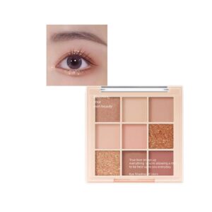 peach rose gold champagne orange eyeshadow palette women christmas gift, 9 color glitter matte shimmer blendable eye shadow palettes, waterproof highly-pigmented long-lasting korean makeup(02# peach)