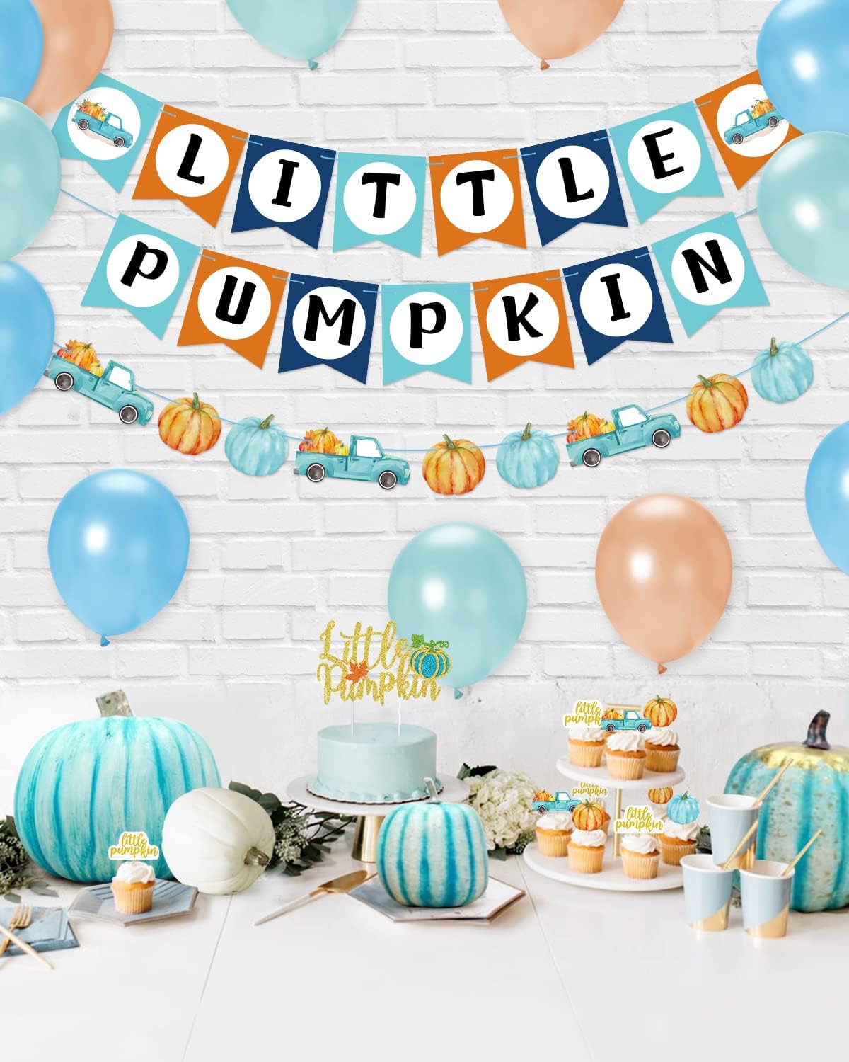 Mosailles Little Pumpkin Decorations Baby Shower Blue Pumpkin Banner Garland Gold Glittery Pumpkin Cake Toppers Latex Balloons for Fall Birthday Thanksgiving Party Decorations Supplies