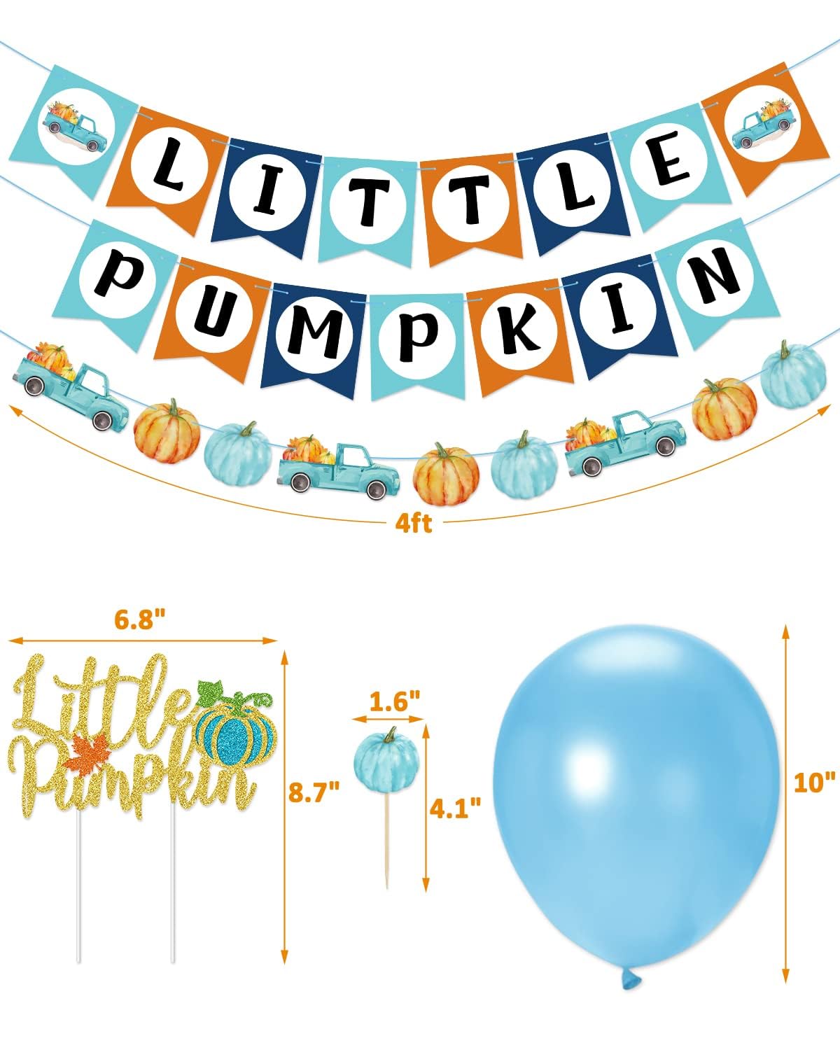 Mosailles Little Pumpkin Decorations Baby Shower Blue Pumpkin Banner Garland Gold Glittery Pumpkin Cake Toppers Latex Balloons for Fall Birthday Thanksgiving Party Decorations Supplies